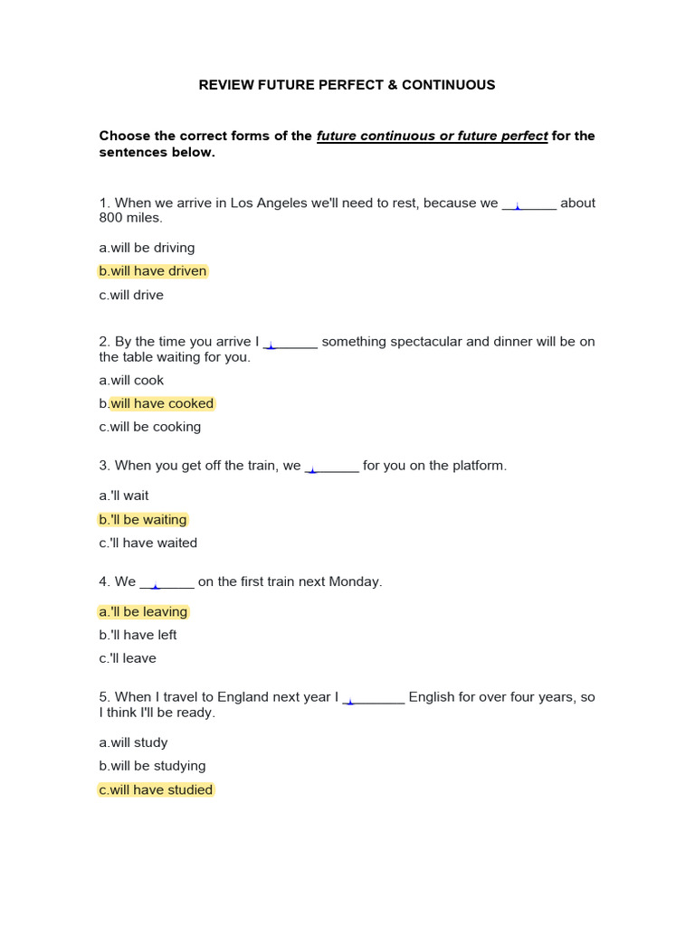 Review Future Perfect and Cont. Key | PDF | Language Arts & Discipline ...