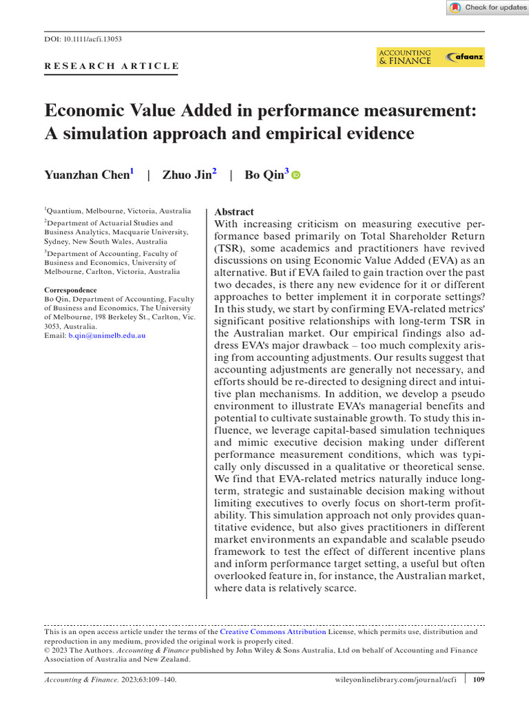EVA Performance Measurement A Simulation Approach and Empirical | PDF ...