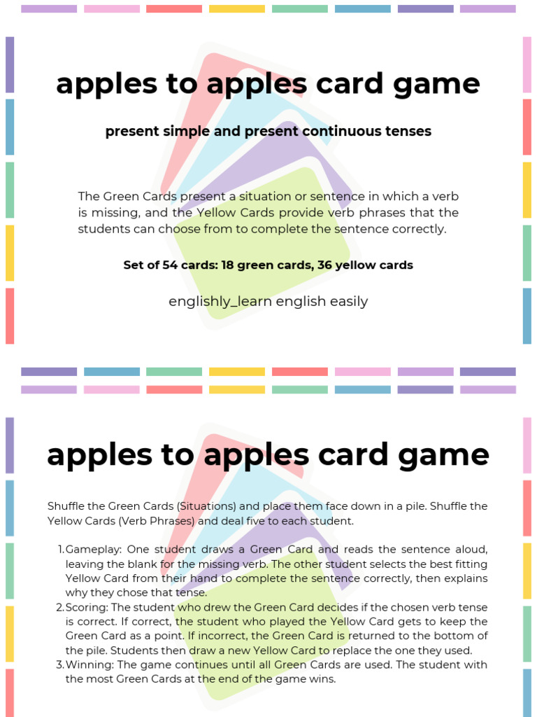 Apples To Apples - Present Simple & Cont. - Card Game | PDF | English ...