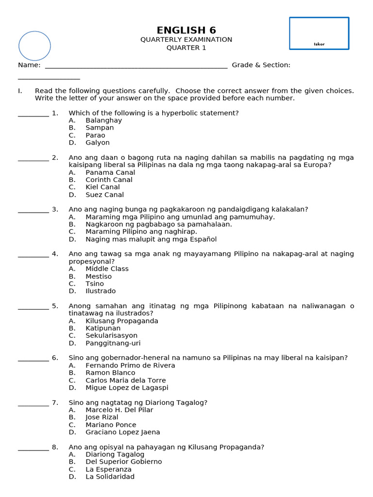 ENGLISH 6 - Q1 Multiple Choice | PDF