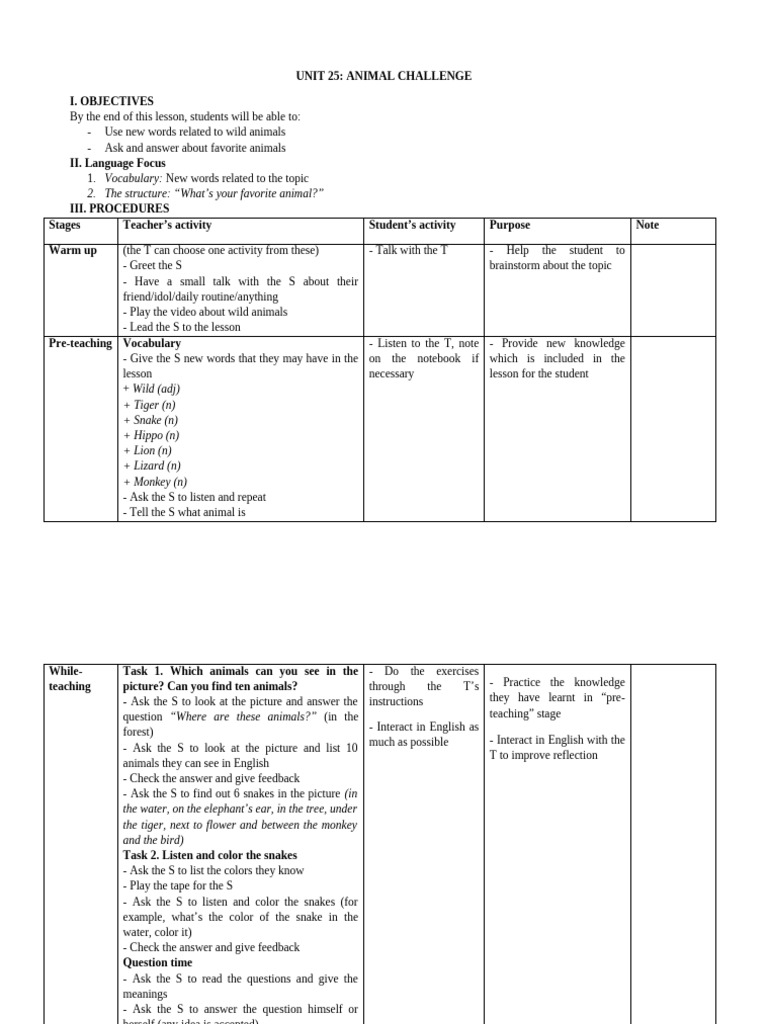FFS - Unit 25 - Animal Challenge | PDF | Learning | Human Communication