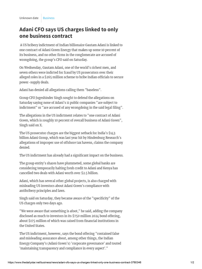 Adani CFO Says US Charges Linked To Only One Business Contract - The ...