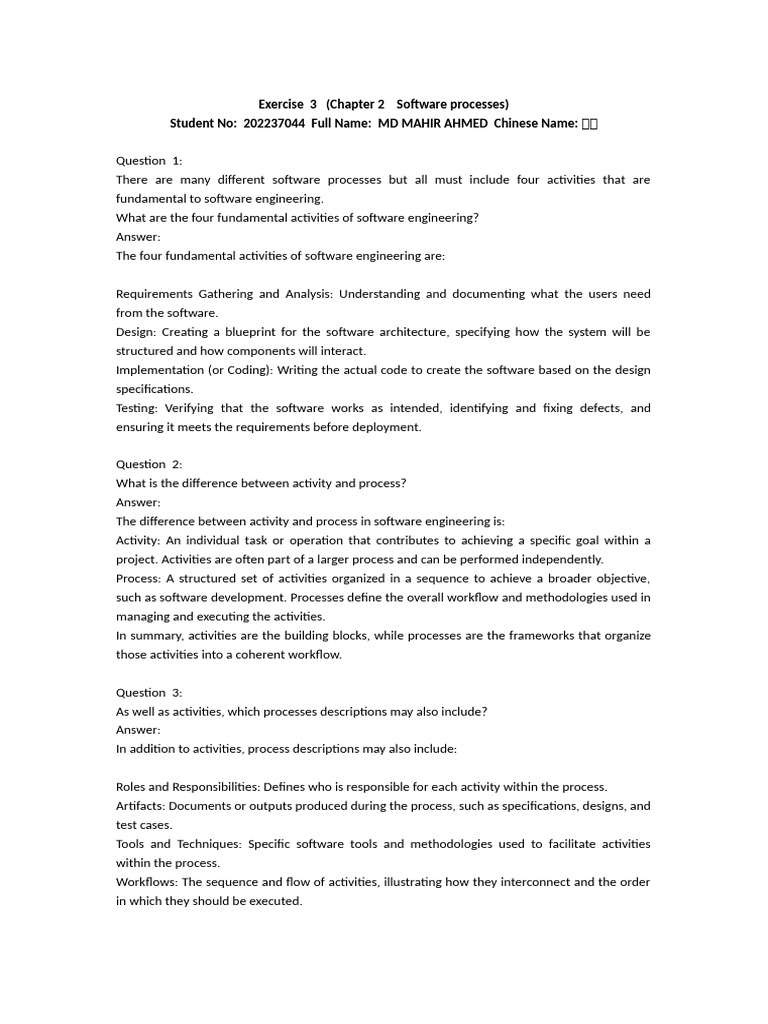 Exercise 3 Chapter 2 Software Processes | PDF | Software Development Process | Agile Software ...