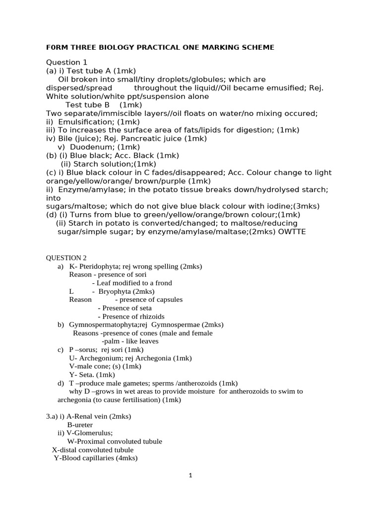 FORM THREE BIO PRACTICAL ONE MARKING SCHEME | PDF