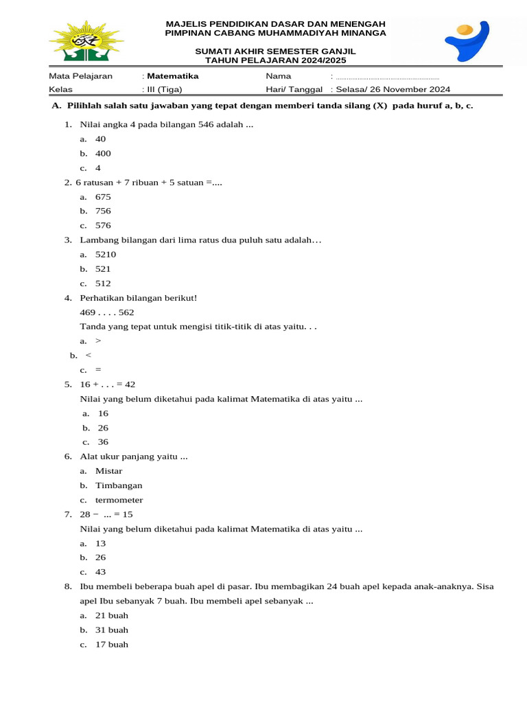 Soal PAS MTK KLS 1 Sem 1 (EDIT) | PDF | Metode & Bahan Ajar