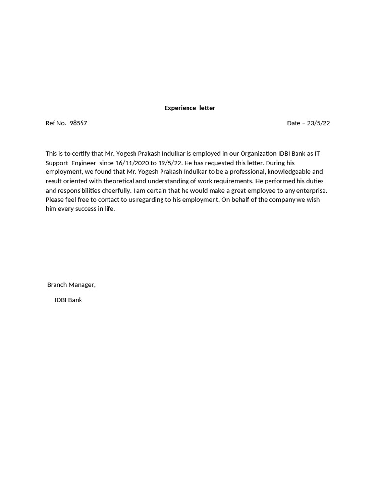 Experience Letter for IT Support Engineer | PDF