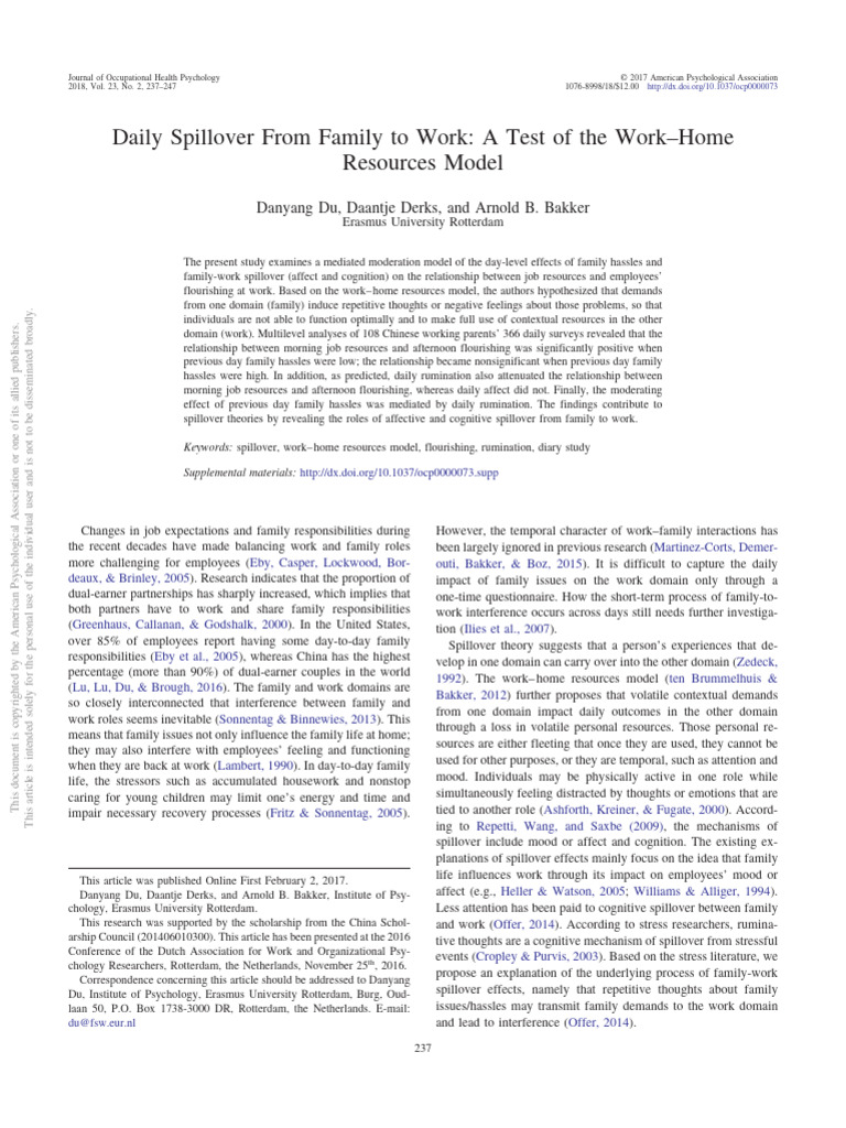 Daily Spillover From Family To Work - A Test of The Work-Home Resources ...