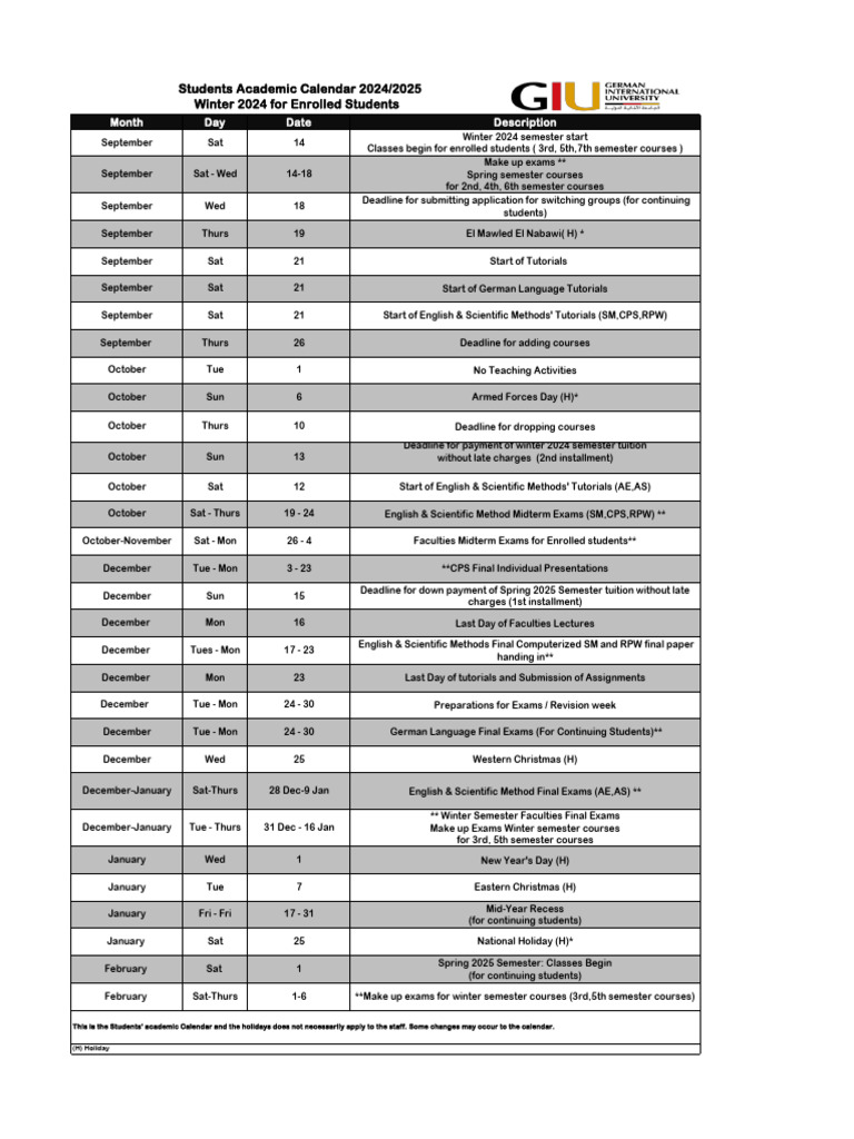 GIU - Winter 2024 Calendar - Enrolled Students - Final III-3 Sep 2024 ...