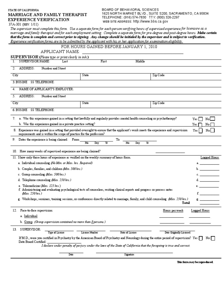 Experience Verification Form | PDF | Family Therapy | Psychotherapy