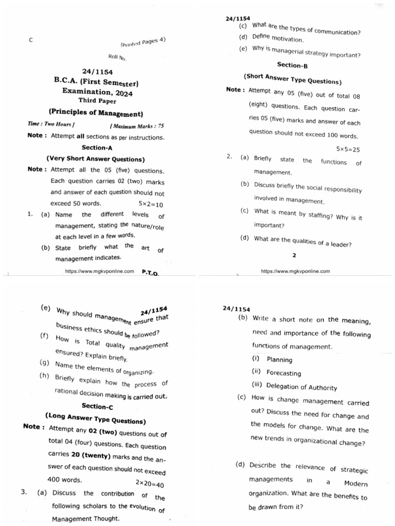 Bca 1 Sem Principles of Management 1154 2024 | PDF