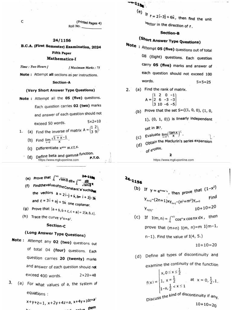 Bca 1 Sem Mathematics 1 1156 2024 | PDF