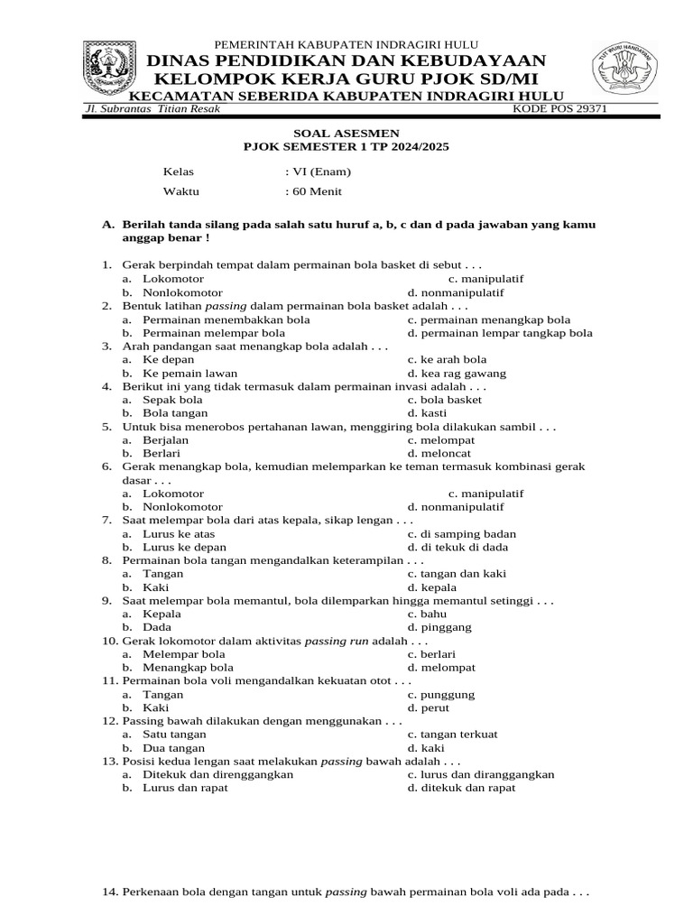 Soal Semester 1 Pjok Kelas 6 2024 | PDF