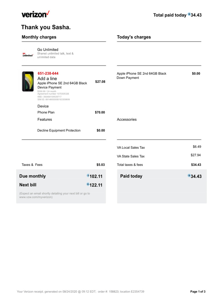 Verizon Digital Receipti Phone SEsasha Template | PDF | Credit Card ...
