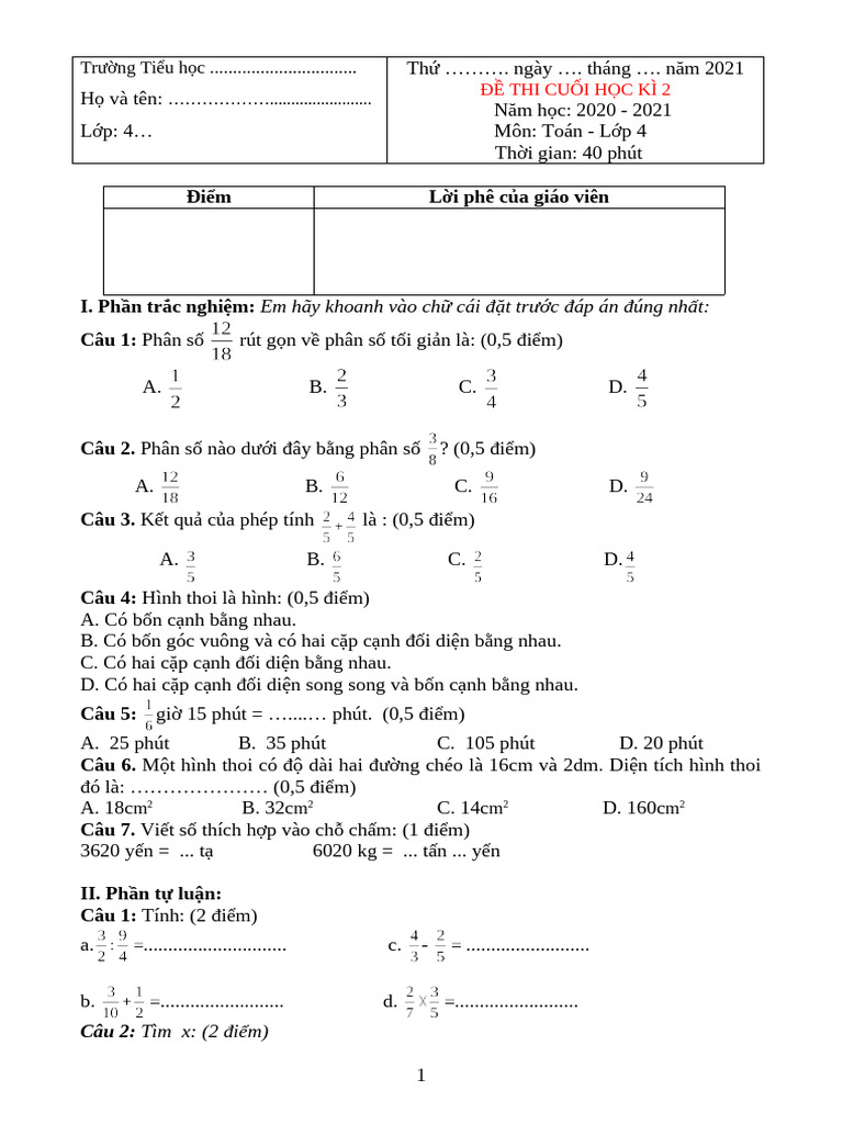 De Thi Cuoi Hoc Ki 2 Mon Toan Lop 4 Nam 2020 2021 | PDF