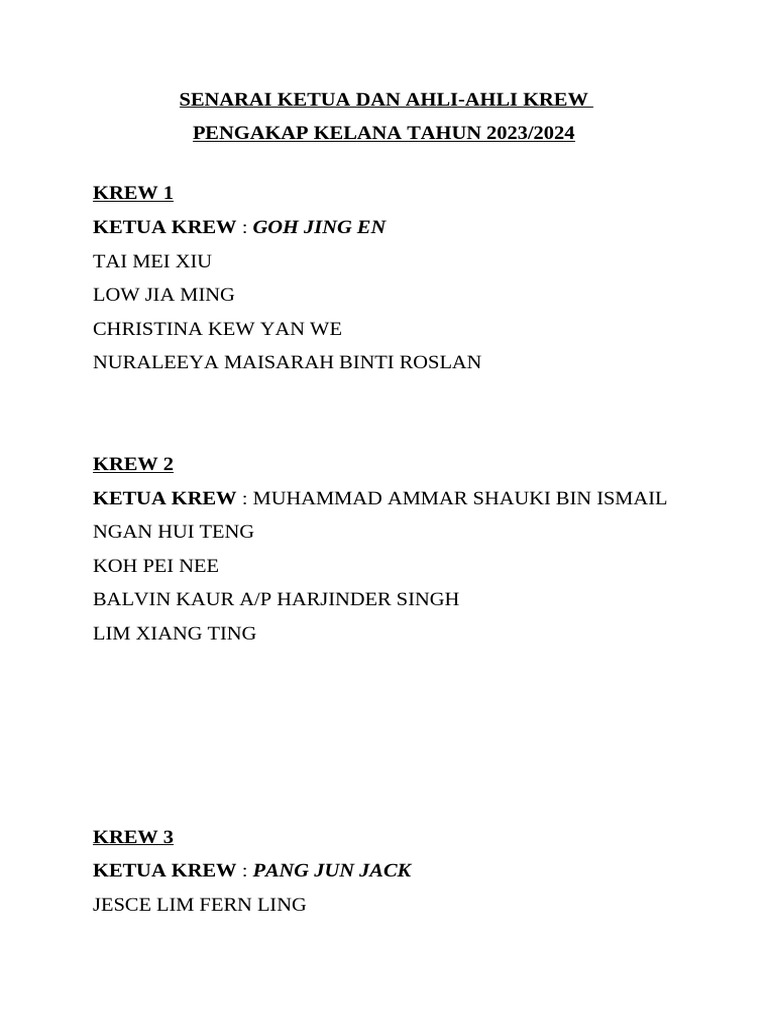 Senarai Ketua Dan Ahli Krew Pengakap Kelana 20232024 | PDF