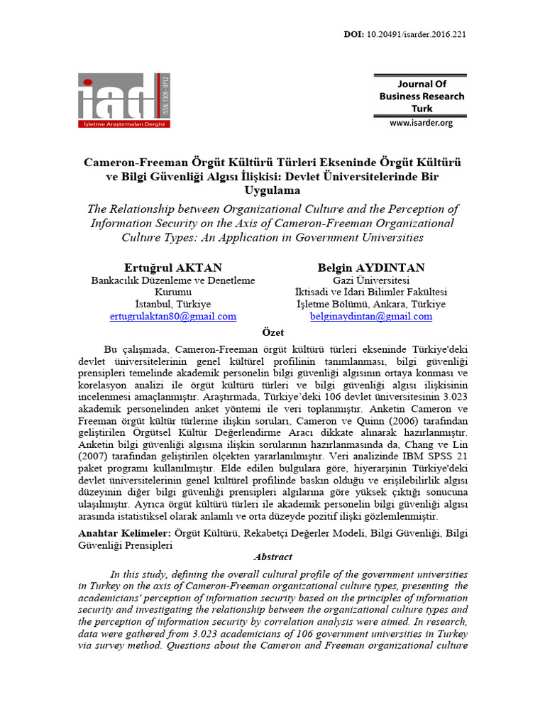 Cameron-Freeman Orgut Kulturu Turleri Ekseninde or | PDF