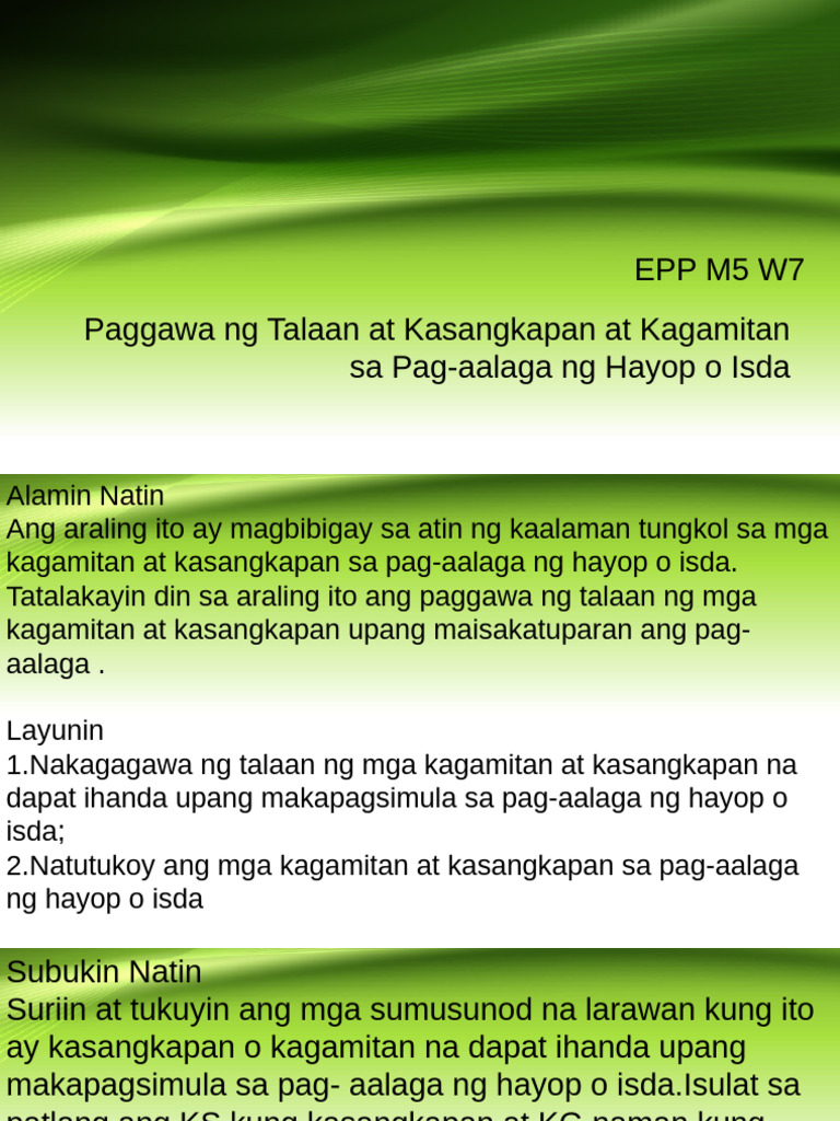 Epp M5 W7 Paggawa NG Talaan at Kasangkapan at Kagamitan Sa Pag-Aalaga NG Hayop o Isda | PDF