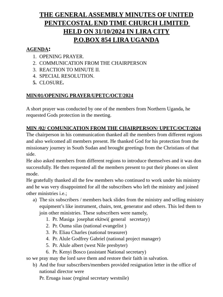 UPETC General Assembly Minutes 2024 | PDF | Abrahamic Religions ...
