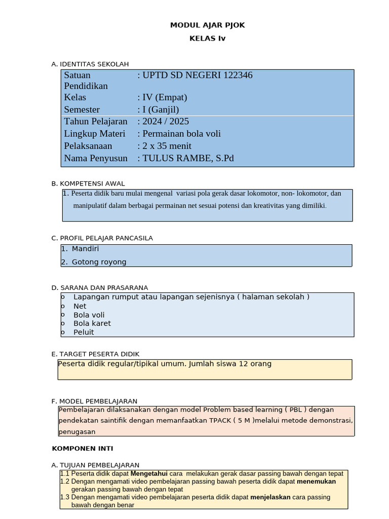 MODUL AJAR PKG PJOK Kls 4 TULUS RAMBE | PDF