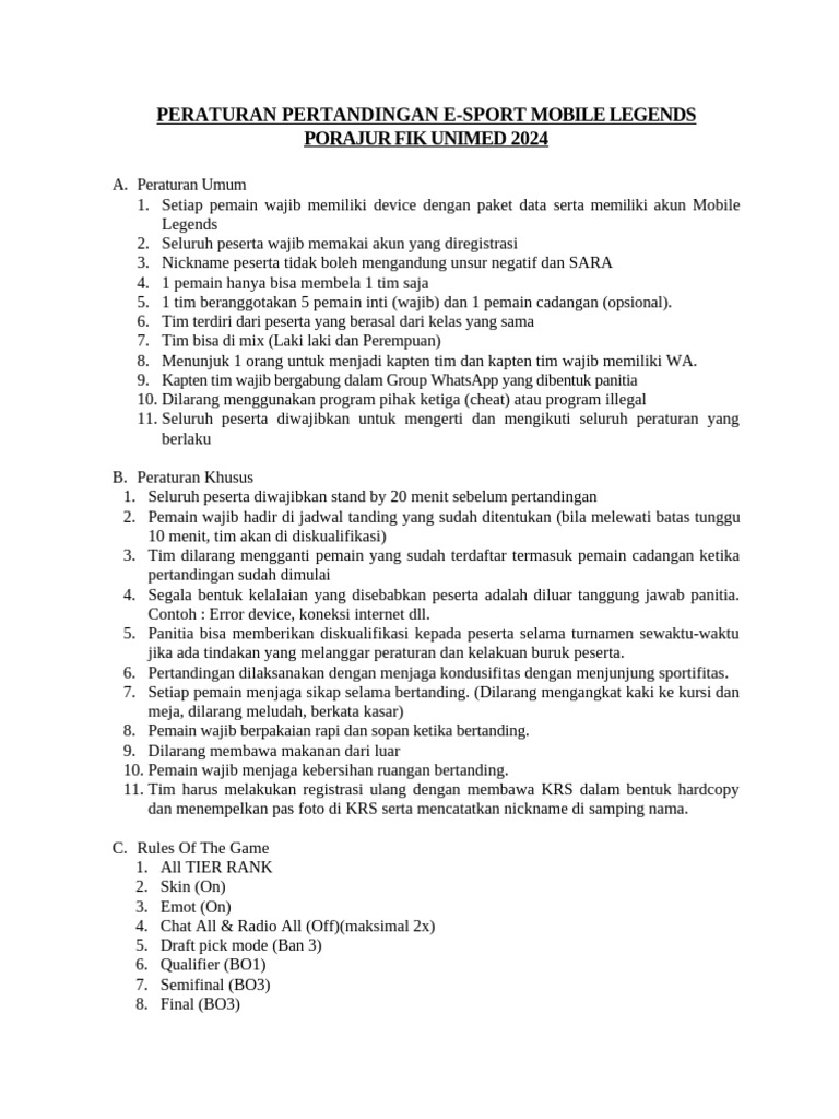 Peraturan Pertandingan E-Sport Mobile Legends 2024 | PDF