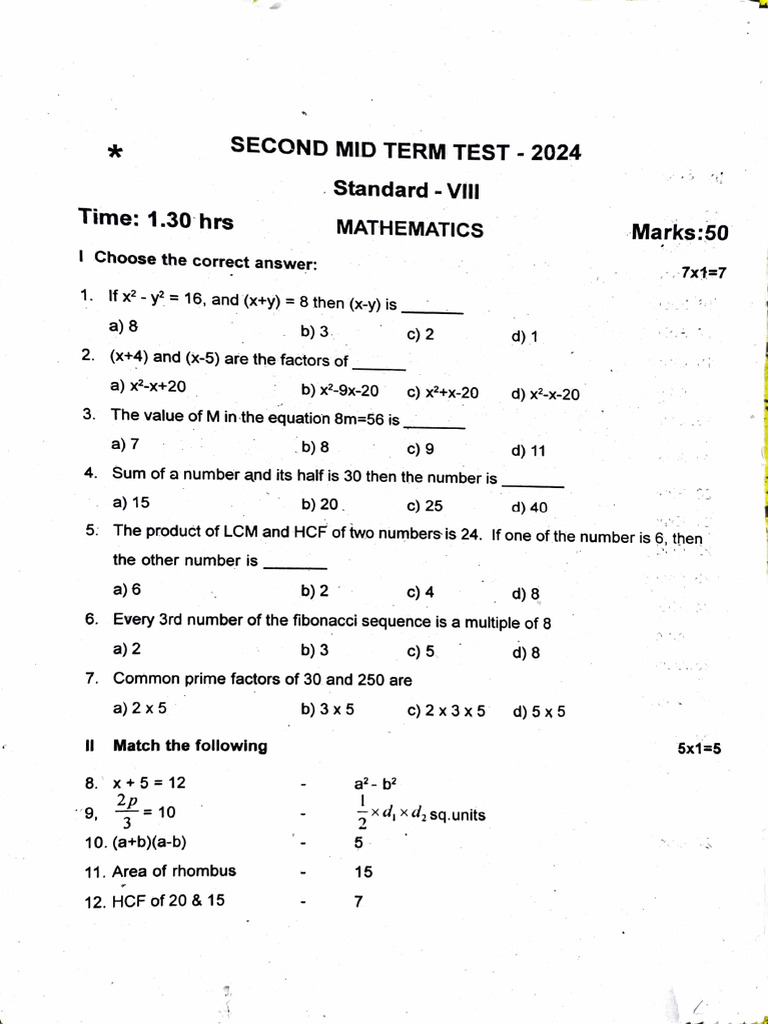 Grade 8 Math Midterm Test 2024 | PDF | Numbers | Algebra