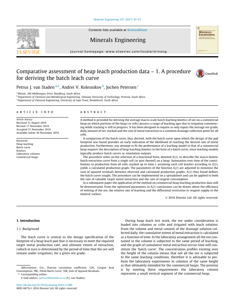 Comparative Assessment of Heap Leach Production Data - 1. A Procedure For Deriving The Batch ...