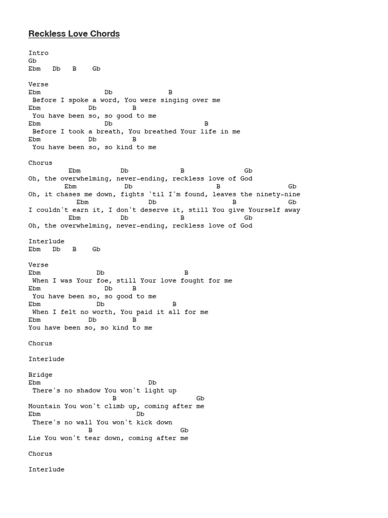 Reckless Love Chords and Lyrics | PDF