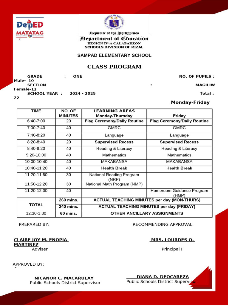 Tentative GR 1 Magiliw Magiting Class Program - Sy 2024 2025..01 2 ...