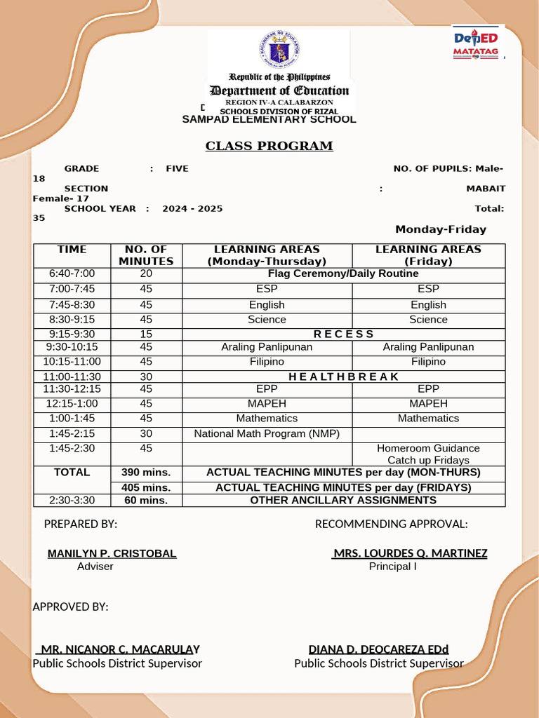 Tentative Grade 5-Mabait - Class-Program - Sy-2024-2025 - 01 | PDF