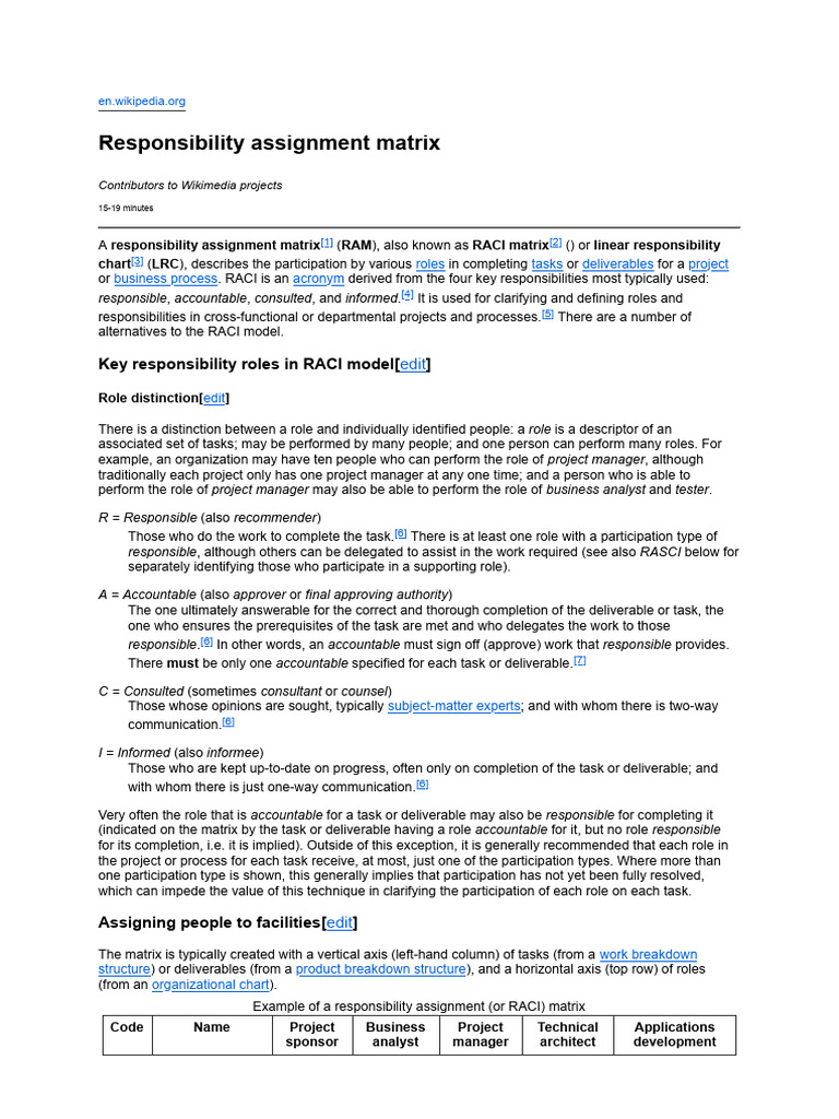 RACI and Responsibility Assignment Matrix Wikipedia Article | PDF