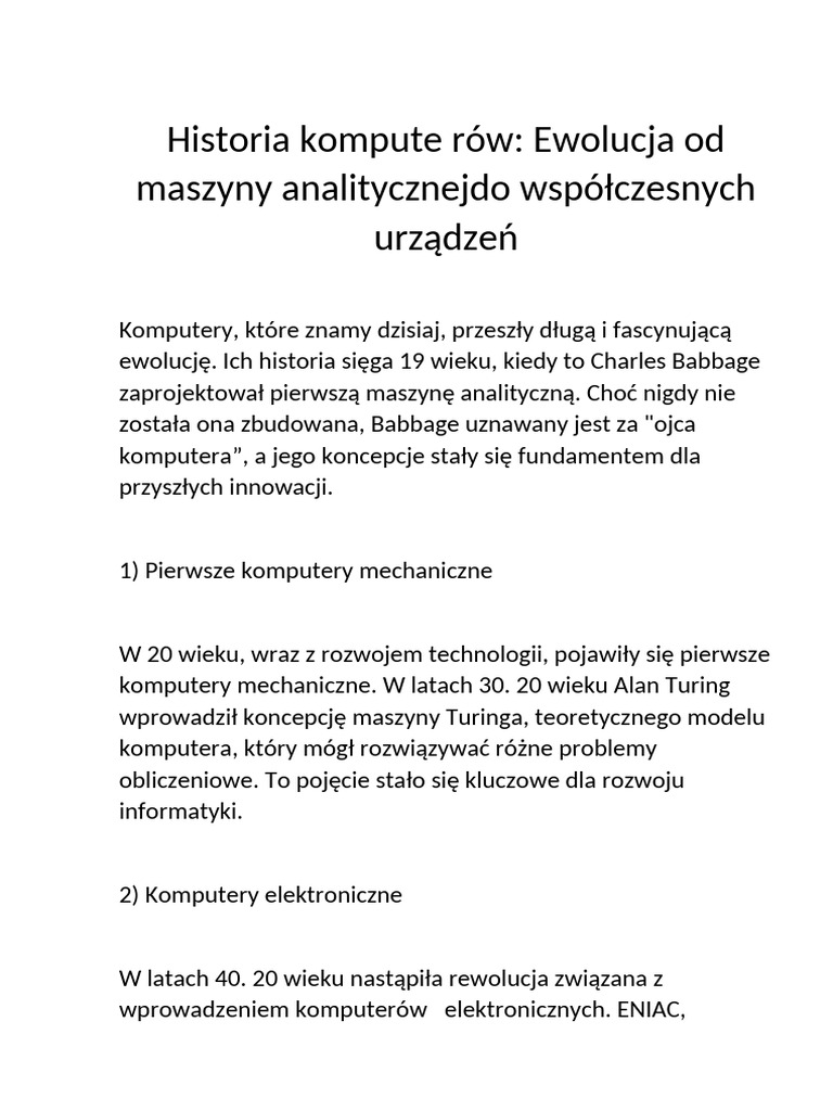 Historia Kompute Rów: Ewolucja Od Maszyny Analitycznejdo Współczesnych ...