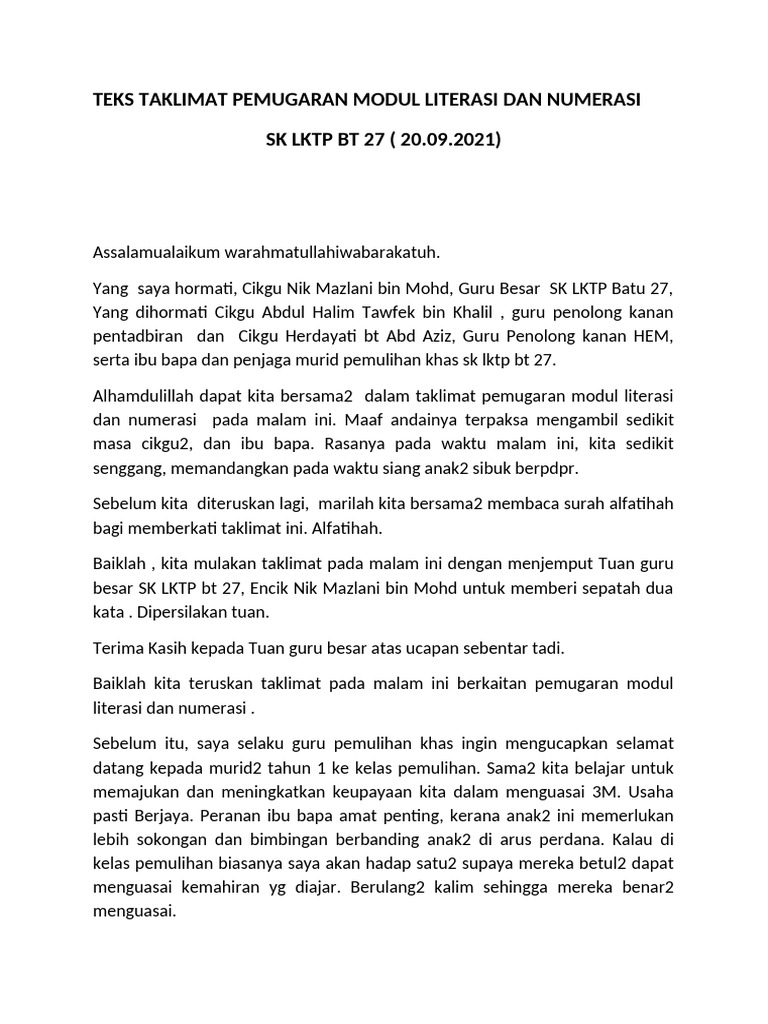 Teks Taklimat Pemugaran Modul Literasi Dan Numerasi SK LKTP BT 27 | PDF | Bisnis