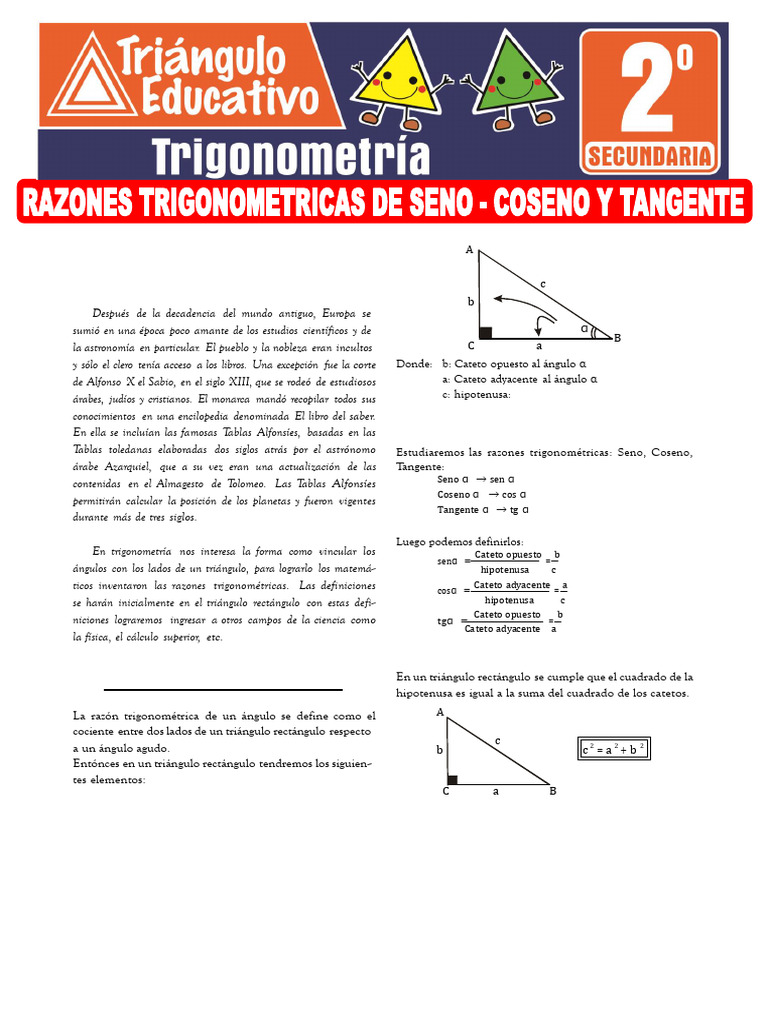 Razones Trigonometricas de Seno Coseno y Tangente para Segundo Grado de Secundaria | PDF ...
