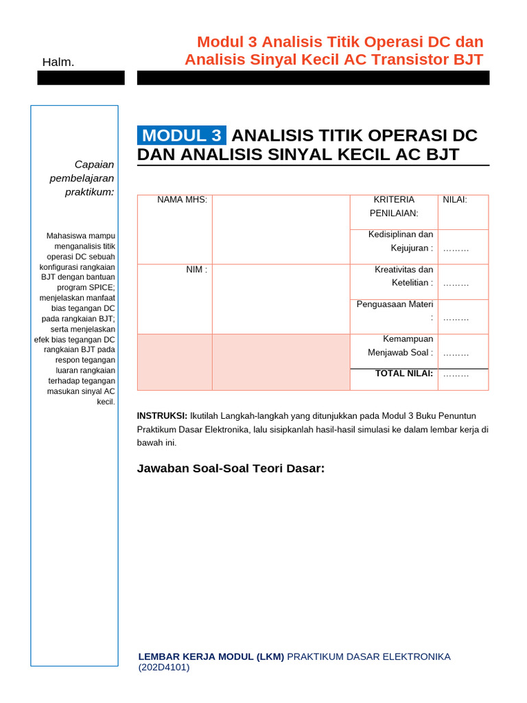 LKM 3 Analisis Titik Operasi DC Dan Analisis Sinyal Kecil AC Transistor BJT | PDF