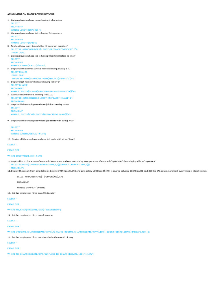 Assignment On Single Row Functions | PDF