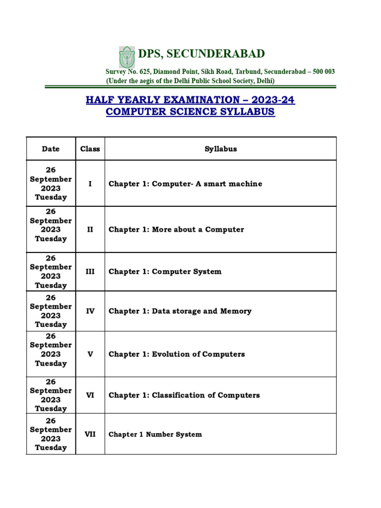 Half Yearly Examination - Computer Science - Syllabus | PDF