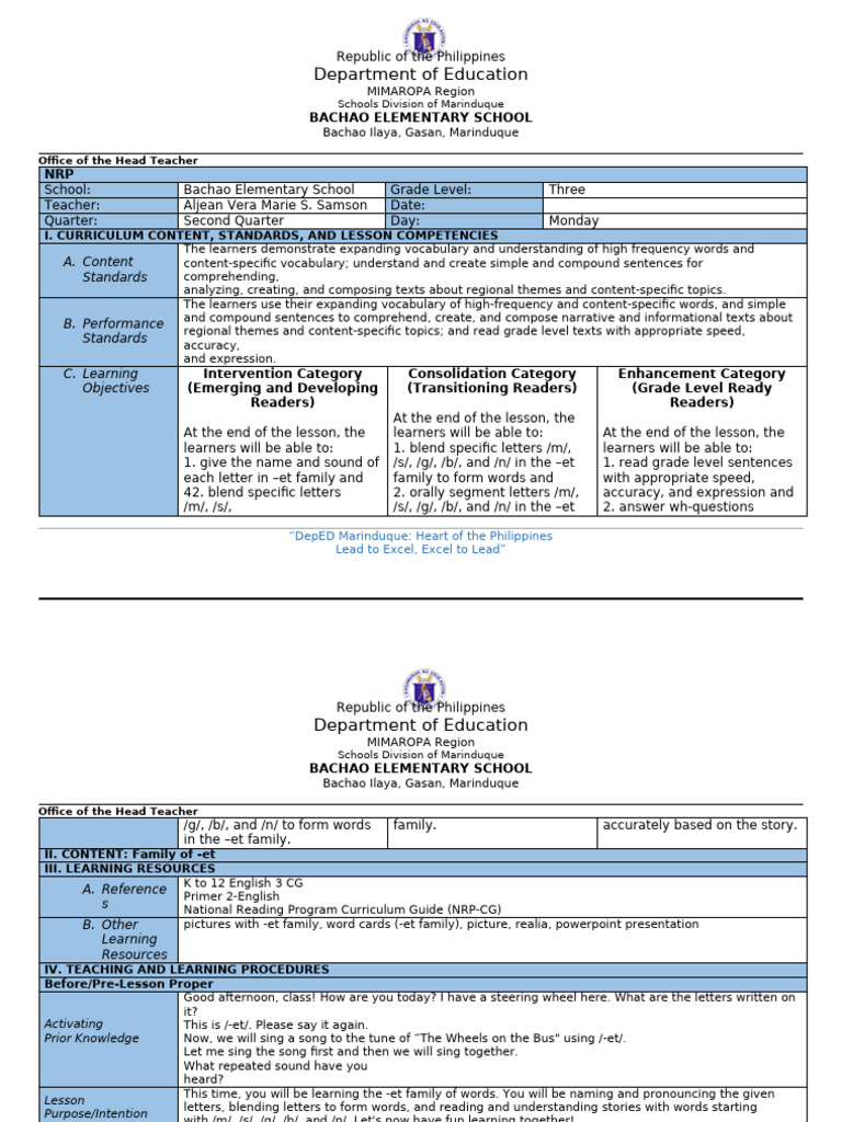 Grade 3 -et Family Lesson Plan | PDF | Vocabulary | Learning