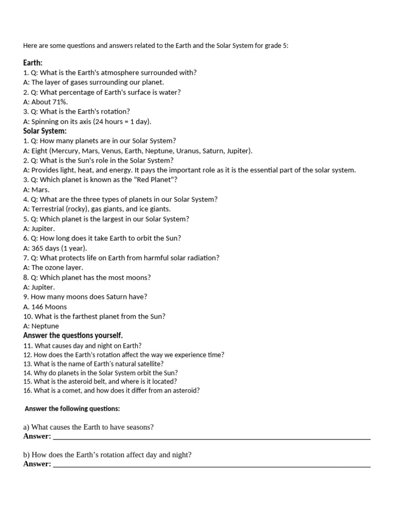 Grade 5 Solar System Q&A | PDF | Planets | Solar System