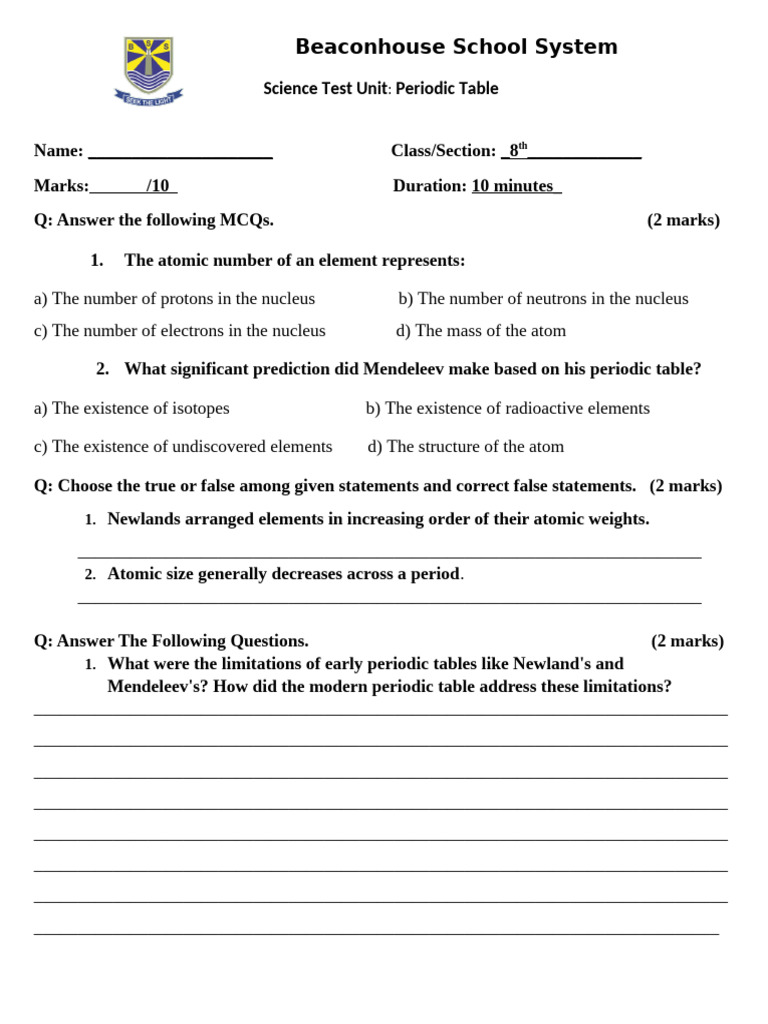 8 Periodic Table Test | PDF | Chemical Elements | Periodic Table