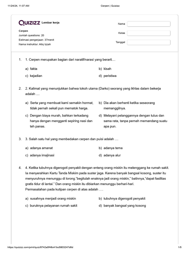 Soal Cerpen - Quizizz | PDF
