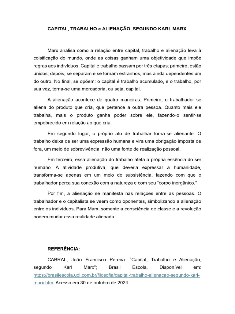 Capital Trabalho e Alienação Segundo Karl Marx | PDF