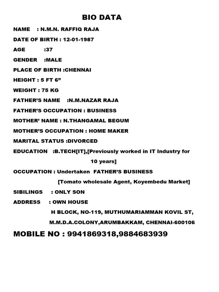 Bio Data of N.M.N. Raffiq Raja | PDF | Law