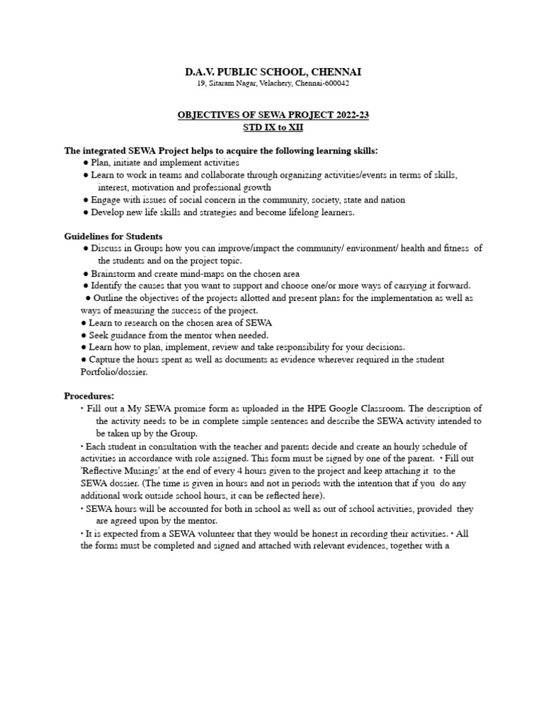 SEWA Project Guidelines for Students | PDF | Cognition | Behavior ...