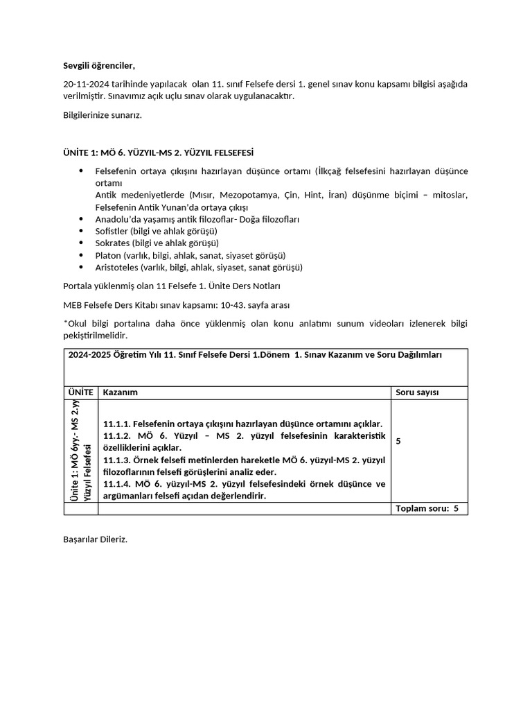 Sinif Felsefe Dersi 1. Donem 1. Sivav Konu Kapsami | PDF