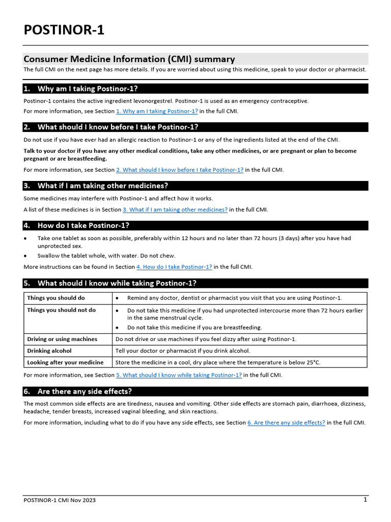 Postinor-1: Consumer Medicine Information (CMI) Summary | PDF ...