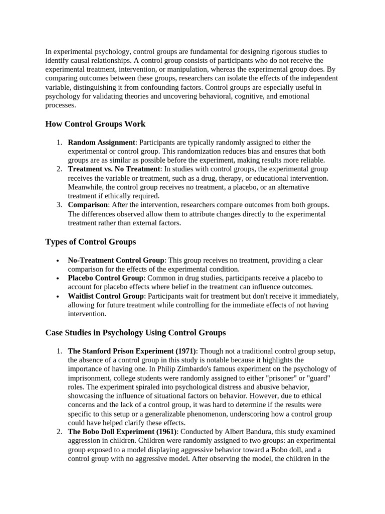 Understanding Control Groups in Psychology | PDF | Treatment And ...