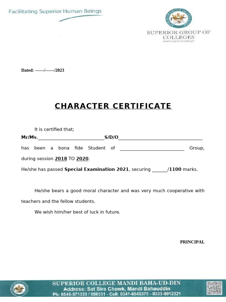 Character Certificate With Superior Logo | PDF