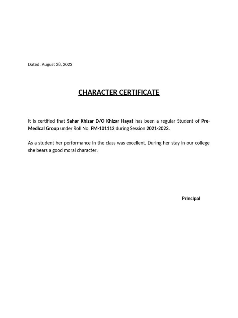 Character Certificate Girls 2023 | PDF