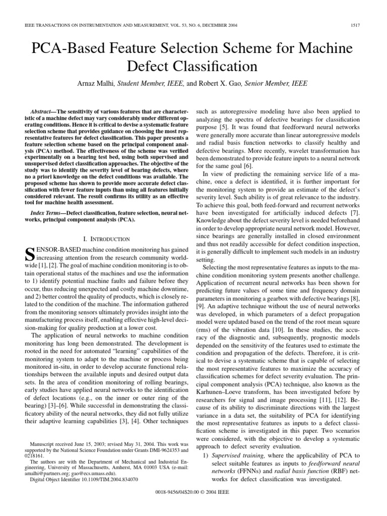 2004 Pca Based Feature Selection Scheme For Machine Defect Classification Pdf Eigenvalues