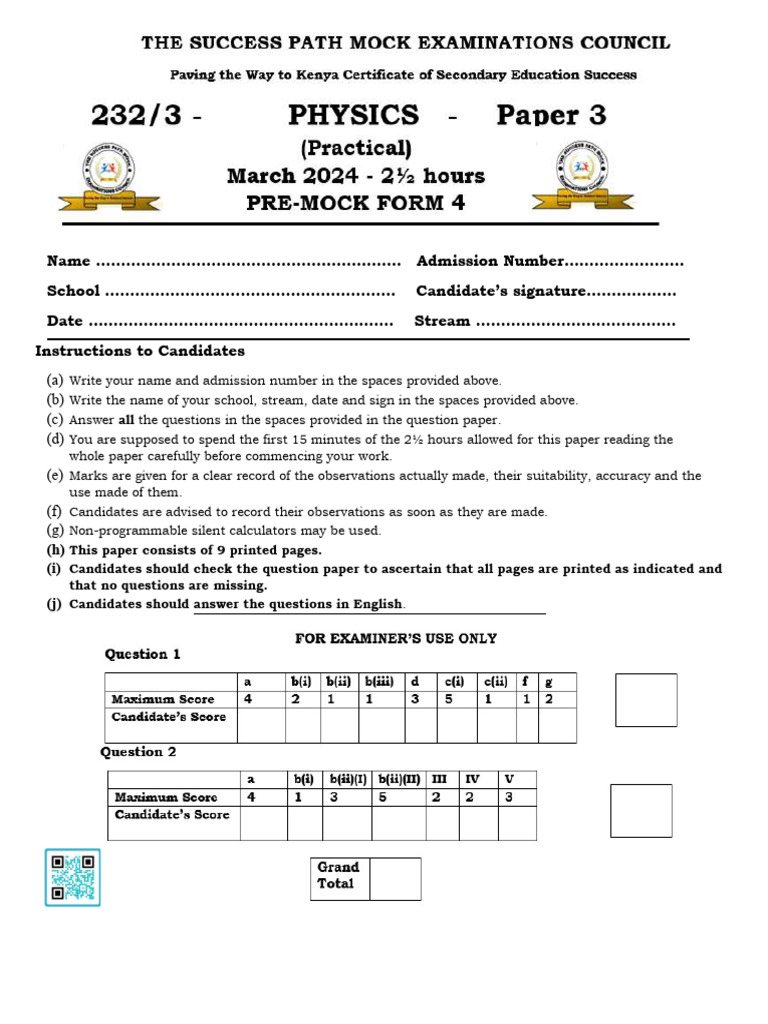 Physics Pp3 Qs Pre-Mock 2024 | PDF | Quantity | Physical Quantities
